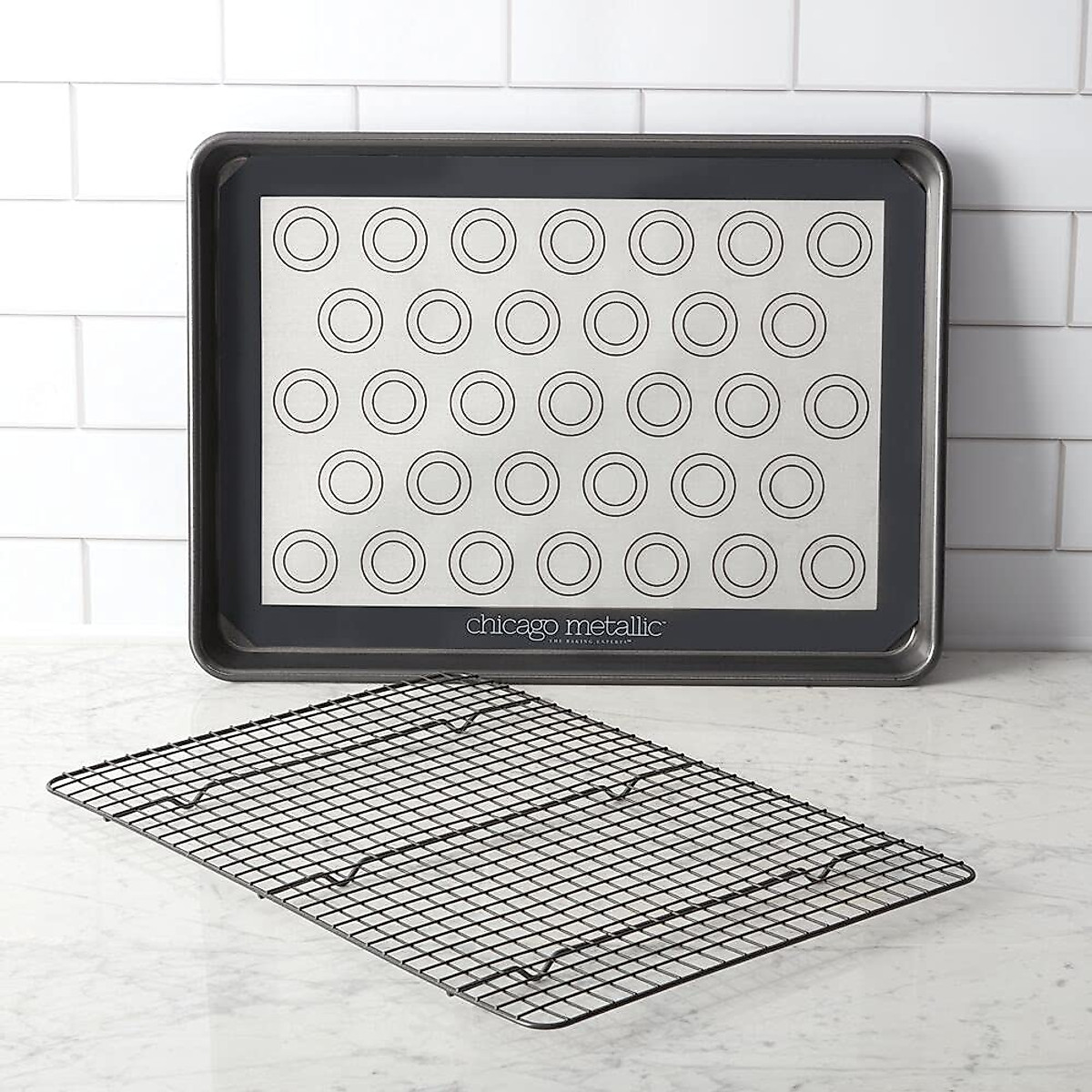 Chicago Metallic Non-Stick Jelly Roll Pan with Mat and Cooling Rack, 3-Piece, Gray