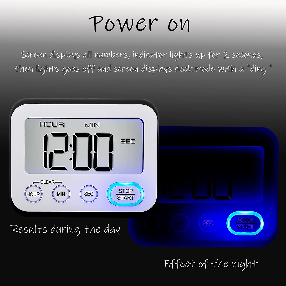 Digital Kitchen Timer Magnetic Loud Alarm, Large LCD Screen Silent/Beeping Multi-Function for Teachers Classroom Kids, Black