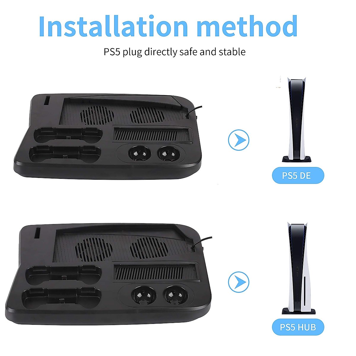PS5 controller charger，Multifunctional PS5 cooling base,Cooler Fan for PS5 console, Improve the operational life span， Dual handles can be charged at the same time