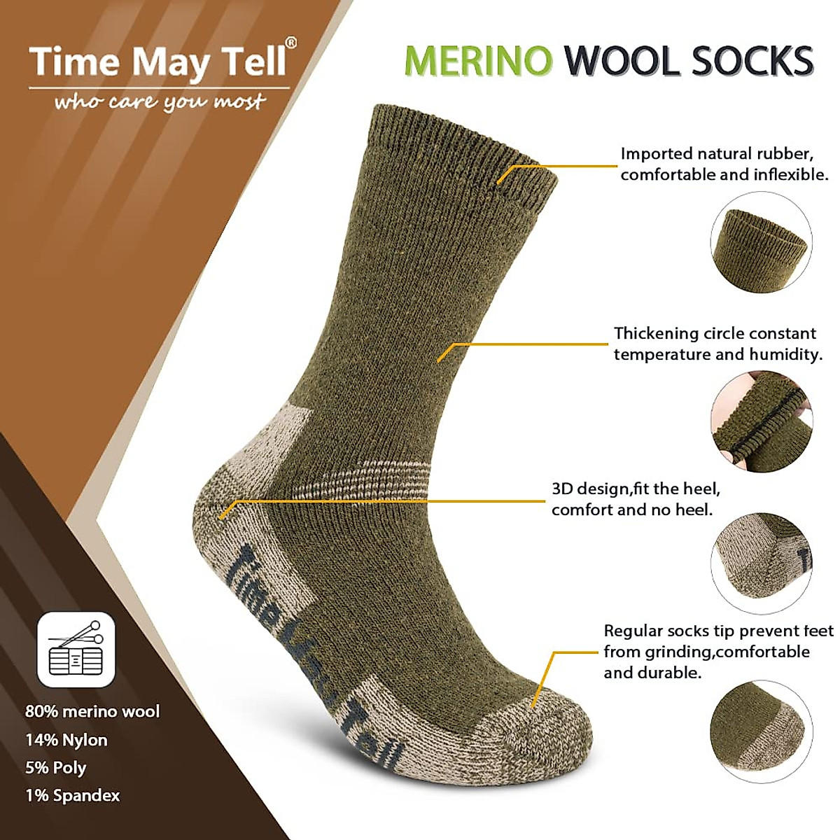 Time May Tell Mens and womens Merino Wool Hiking Cushioning Socks For Outdoor Wool-Socks-For-Men 2/3 Pack (Black/Green/Blue(3 Pairs) US Size 9~13