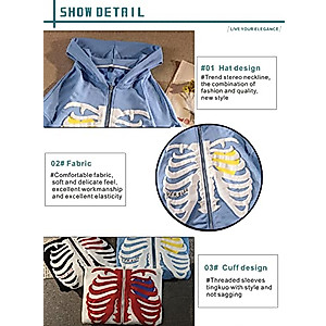 Unisex Skeleton Zip Up Hoodie Fashion Vintage Jacket Graphics E-Girl 90s Sweatshirt for Men and Women (Blue,Small)