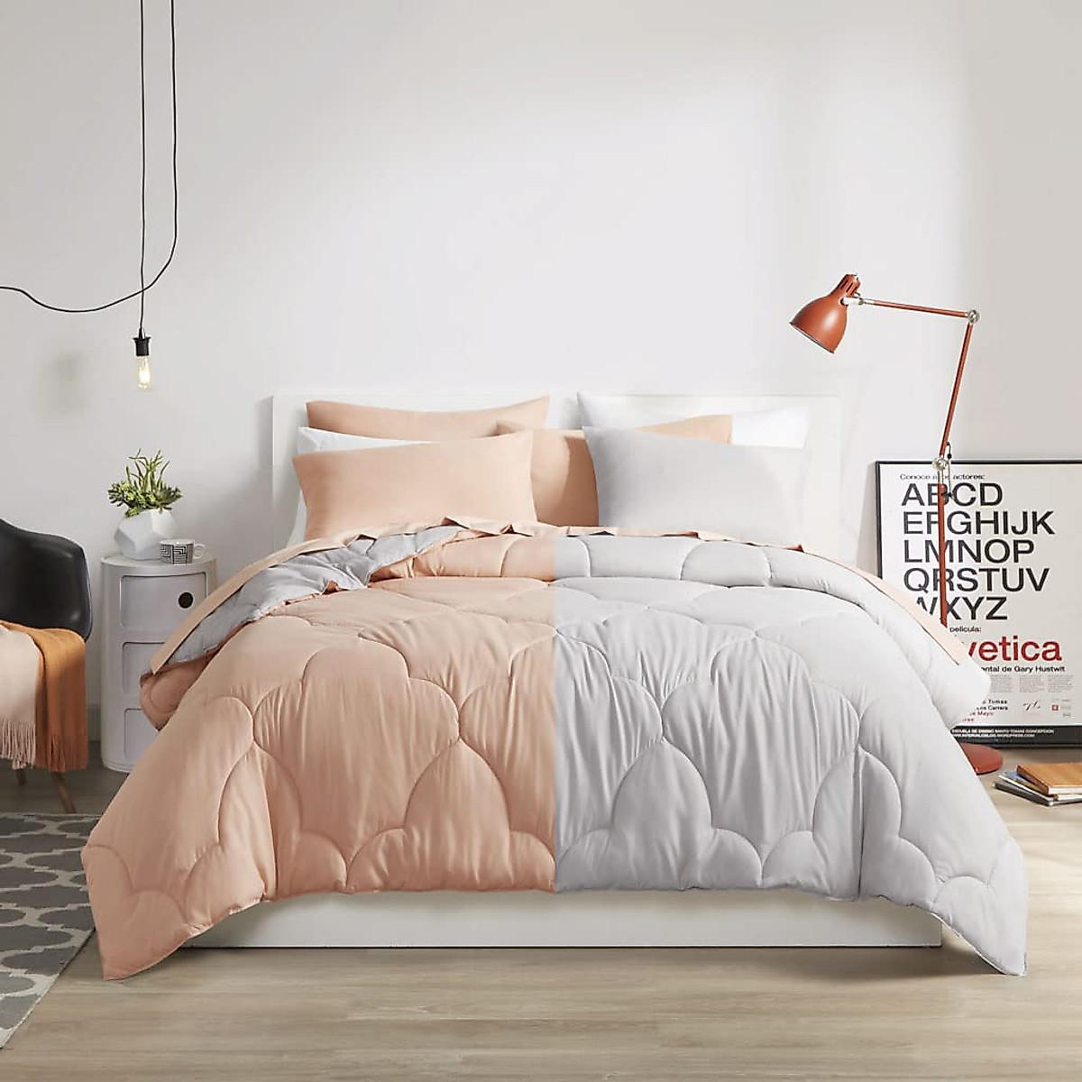 Comfort Spaces Vince Reversible Bed In A Bag - Trendy Casual Geometric Quilted Cover, All Season Down Alternative Cozy Bedding, Matching Sham, Full, Reversible Coral/Gray 9 piece