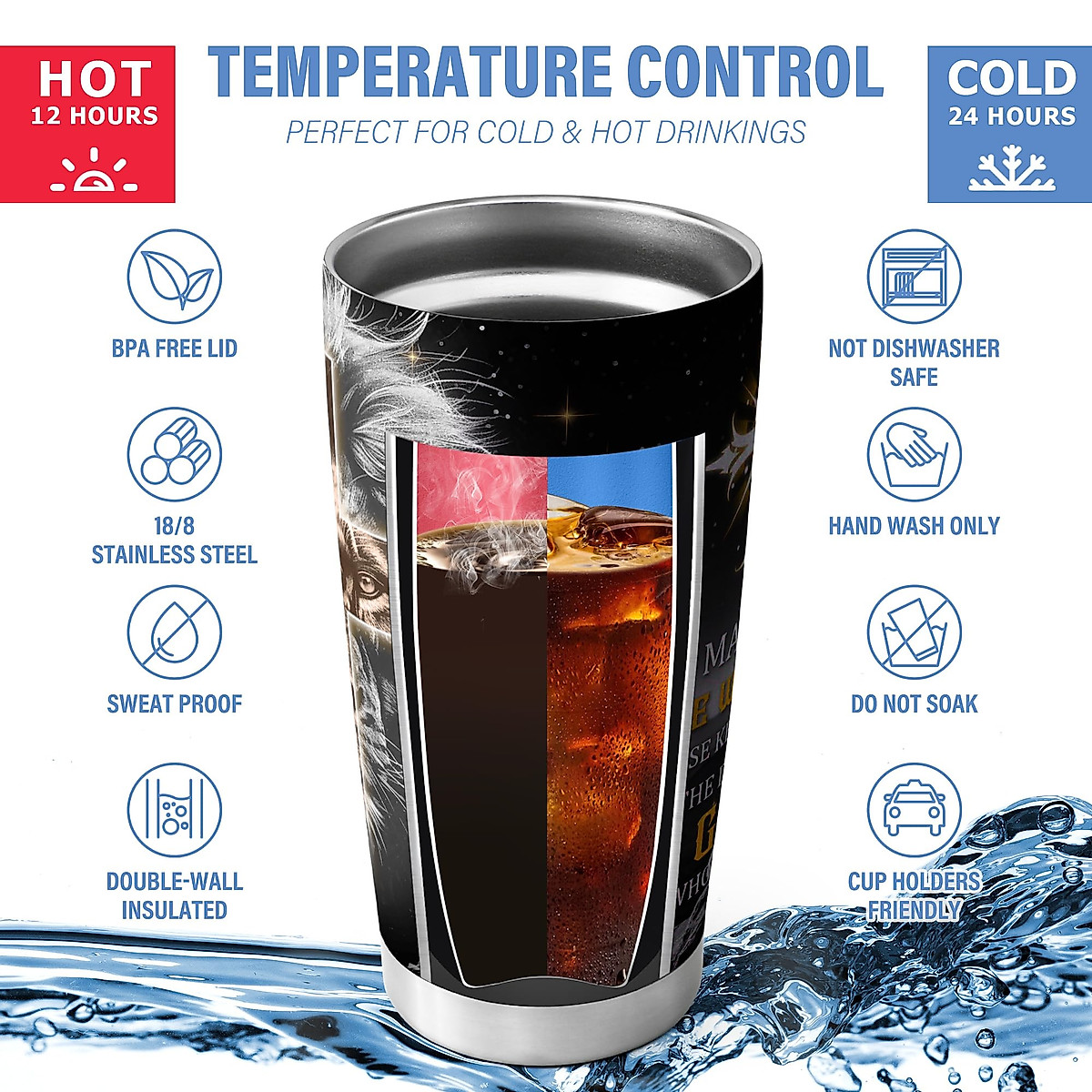 Equoza Christian Tumbler Gifts for Men, Christian Faith Tumbler Set with Straw, 20 oz Stainless Steel Travel Mug, Lion Cross Design（Pack of 1）