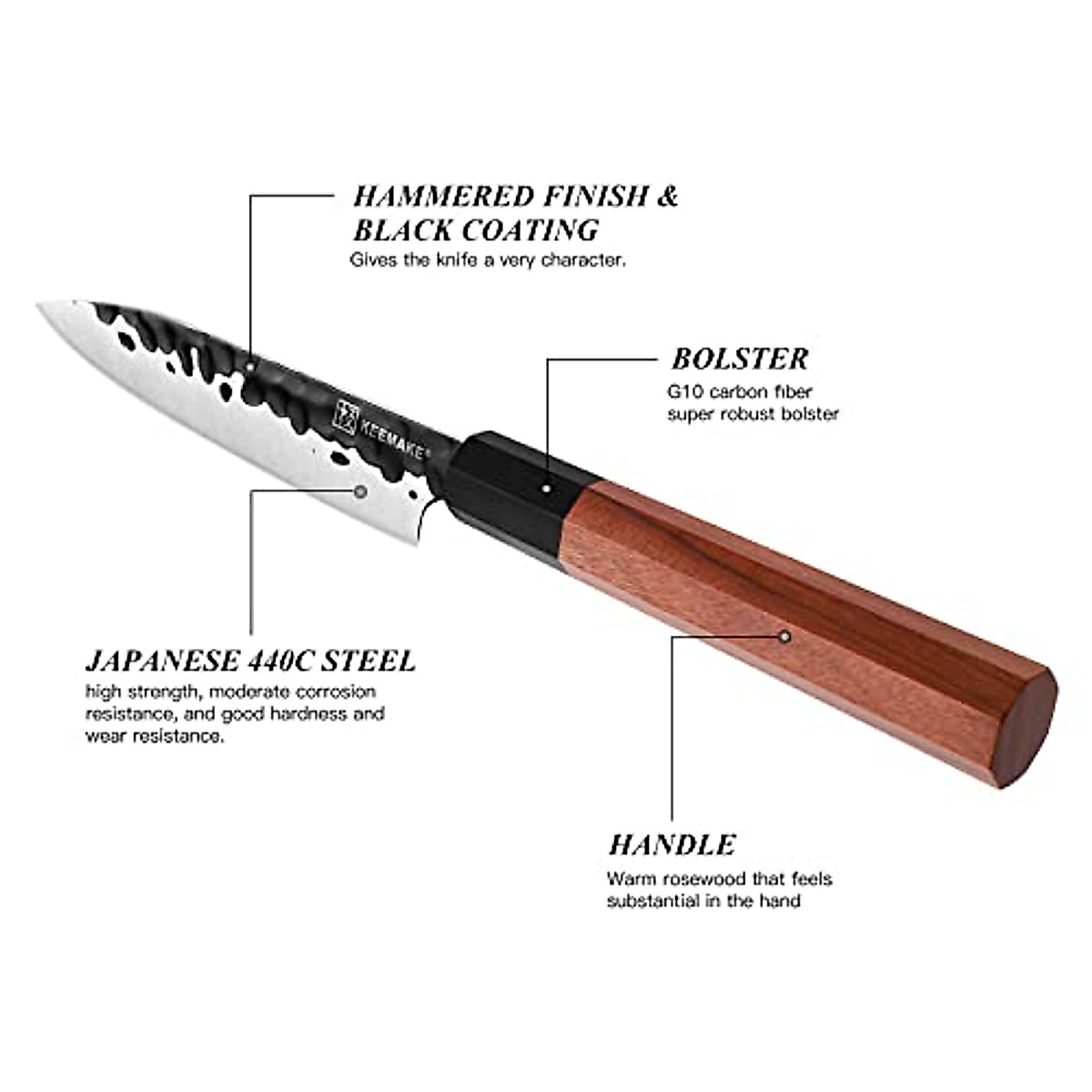 KEEMAKE Paring knife Japanese 4.5 inch Small Kitchen Knife, Forged Japanese 440C Stainless Steel Sharp Fruit Knife with Octagonal Wood Handle