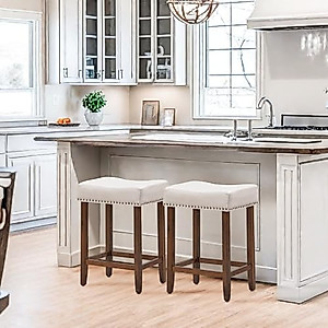 ERGOMASTER Counter Height Bar Stools Set of 2 Backless Fabric Barstools 24-Inch Modern Wood Saddle Bar Stools with Nailhead Trim for Kitchen Island Counter Tabel - Beige/Brown,2-Pack