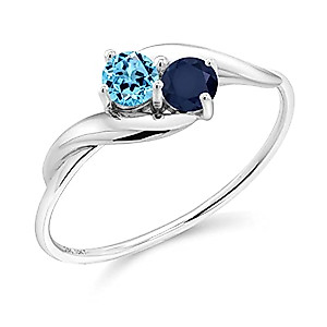 Gem Stone King 0.42 Ct Round Swiss Blue Topaz Blue Sapphire 10K White Gold Ring (Size 6)