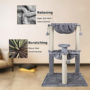 Dimaka Cat Tree Tower with 2 Big Soft Spacious Top Hammocks for Indoor Cats,Multi-Level Cat Furniture with 3 Dangling Balls for Adult Cats,Gray(33.5" Tall)