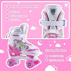 Kids Roller Skates Adjustable for Girls Boys Toddlers Youth, Pink 4 Size Adjustable Light Up Roller Skates for Size 11J todders to Size 7 Youth Women