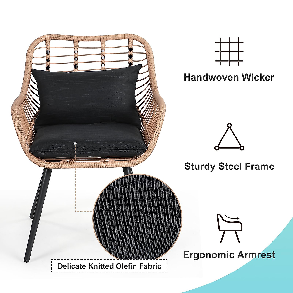 Verano Garden 3 Piece Patio Bistro Set, Outdoor Wicker Conversation Chair Sets Balcony Furniture,Coffee Table with Glass Top, Cushions & Lumbar Pillows for Porch, Backyard, Deck, Poolside