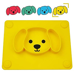 Qshare Toddler Plate, Portable Baby Plates for Toddlers and Kids, BPA-Free Strong Suction Plates for Toddlers, Dishwasher & Microwave Safe Silicone Placemat 11x8x1 inch (3Puppy-Yellow)