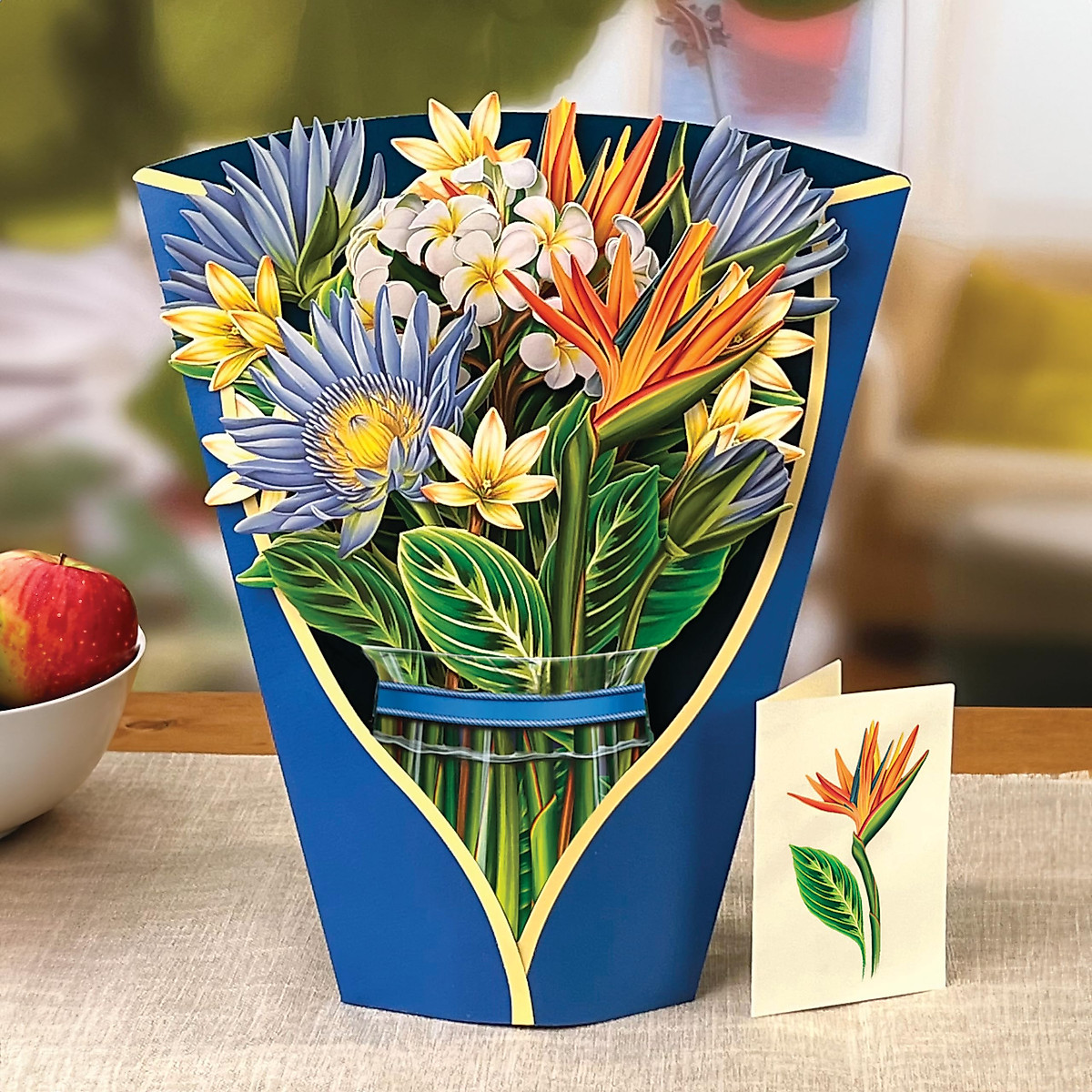 Freshcut Paper Pop Up Cards, Tropical Bloom, 12 inch Life Sized Forever Flower Bouquet 3D Popup Greeting Cards with Note Card and Envelope - Birds of Paradise & Lotus Blossom Flowers
