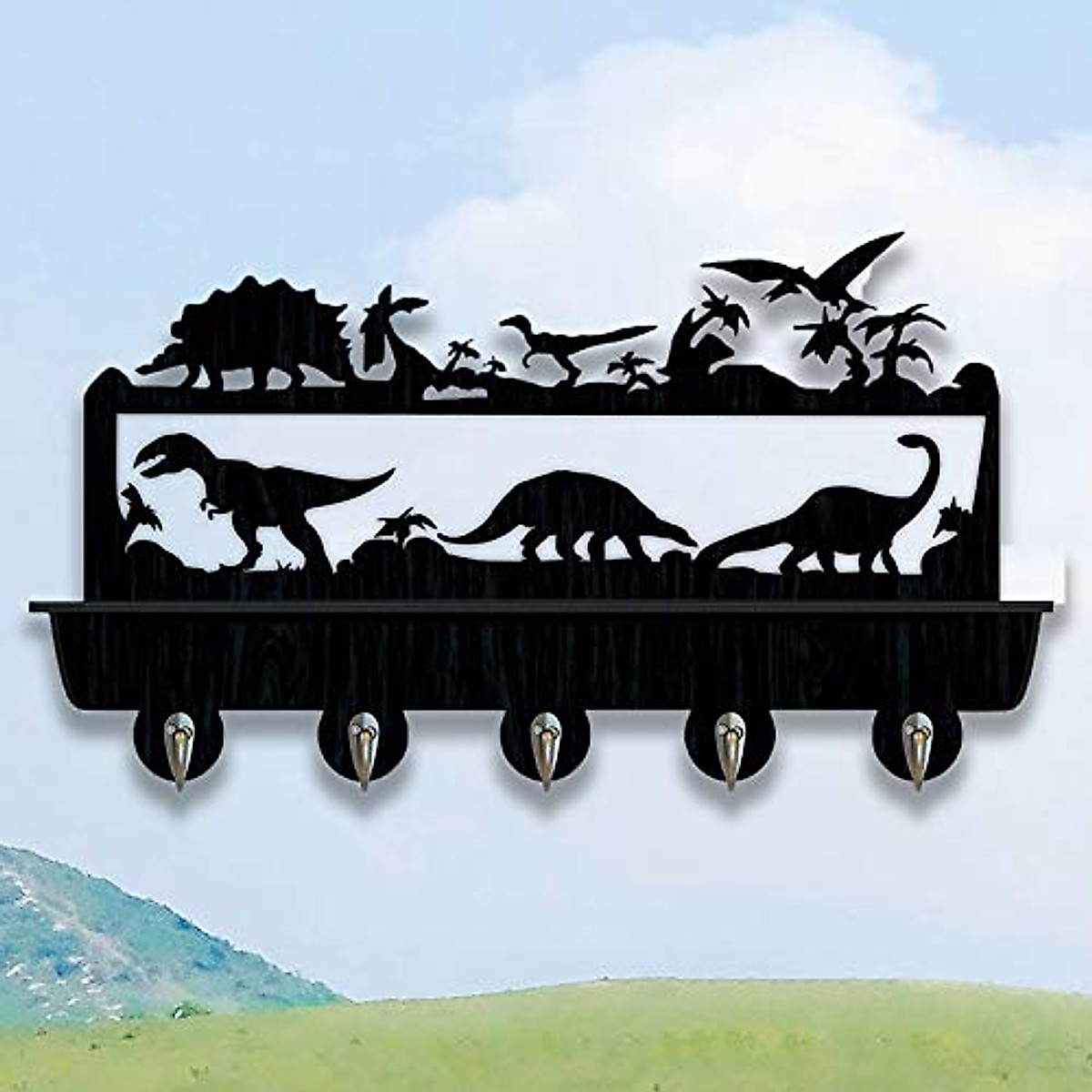 Dinosaur Wall-Mounted Coat Hooks Hat Rack with 5 Vintage Metal Hooks, Hat Rack and Upper Wooden Storage Shelf, Entryway, Kitchen, Bathroom, Living Room,16inch, Black,11lbs