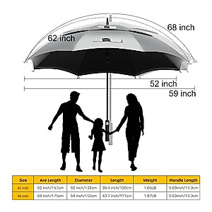 Fulynmen 62Inch UPF50+ Uv Umbrella Uv Blocker Large Golf Umbrella, Auto Open Extra Large Sun Umbrella Uv Protection Double Canopy Vented Windproof Waterproof Rain Umbrella Silver/Black
