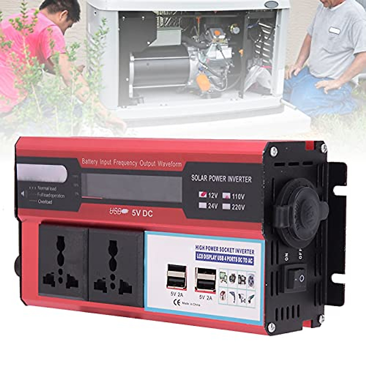 Jeanoko 3000W Solar Inverter, No Noise Power Battery Converter No Pollution Digital Display Solar Inverter 4 USB Ports for Power Office for Driver