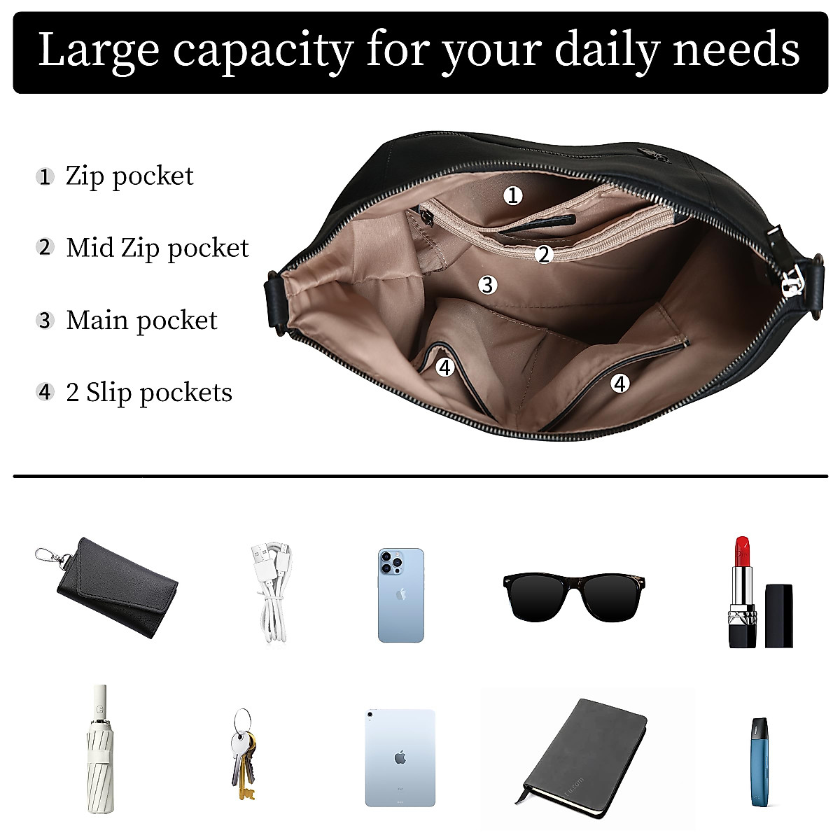 Iswee Black Leather Purse Shoulder Bag for Women Hobo Purses and Handbags Pocketbooks Cross Body Bag Large (Black)