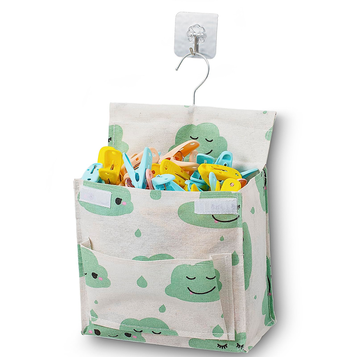 KOOZTI Laundry Clothespin Bag for Clothesline Outdoor, Waterproof Clothespin Bag with Lid, Large Opening, Large-Capacity Clothespin Storage Organizer with Hooks(Green)