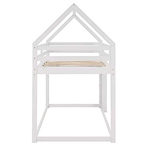 MERITLINE House Shaped Bunk Bed Twin Over Twin Size Wood Bunk Bed Frame Low Bunk Beds for Kids and Toddlers, Twin Size,White