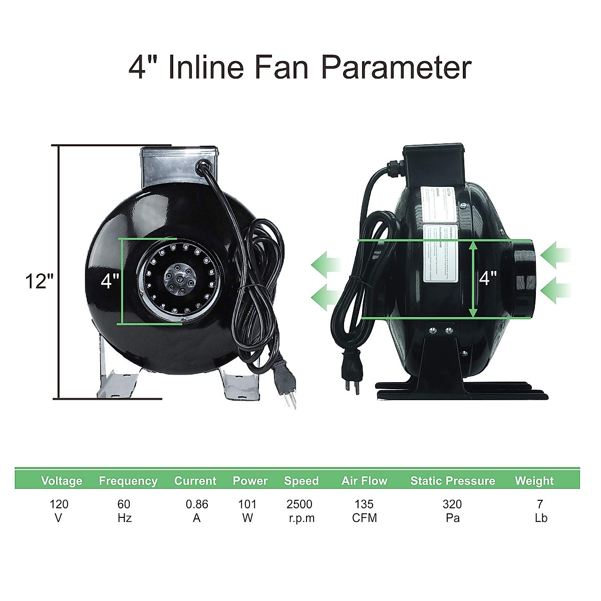 BloomGrow 4'' Inline Fan Carbon Filter Ducting Combo + Fan Speed Controller + 24 Hour Timer Outlet+Thermometer Ventilation System for Grow Tent Kit (4'')