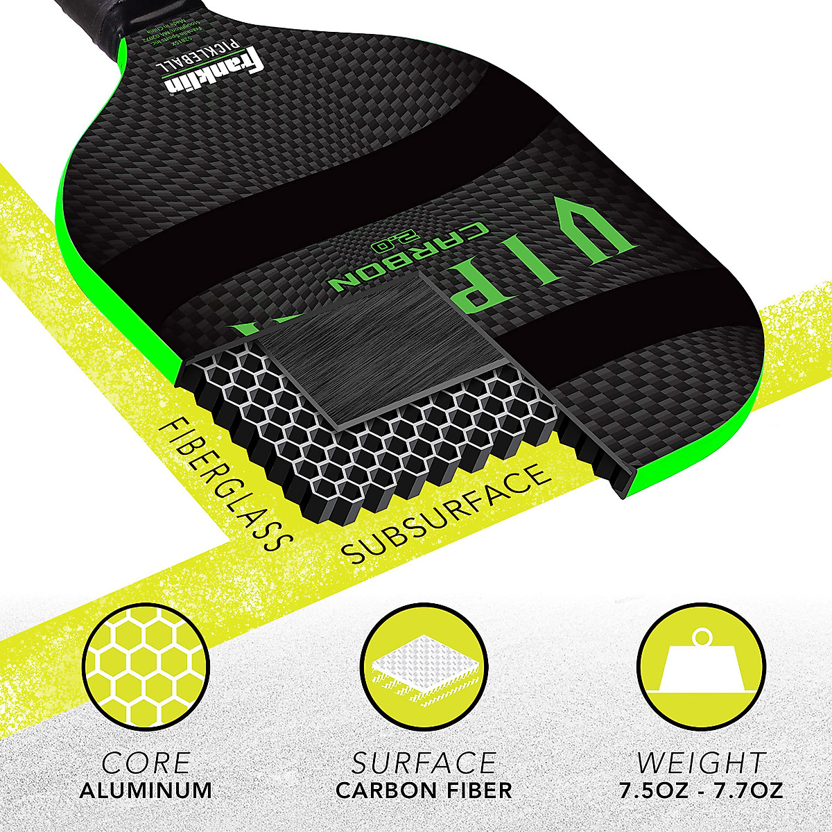 Franklin Sports Pickleball Paddle - Viper Carbon Fiber Core Pickleball Paddle - USA Pickleball (USAPA) Approved Paddle - 13mm Carbon Fiber Core,Green