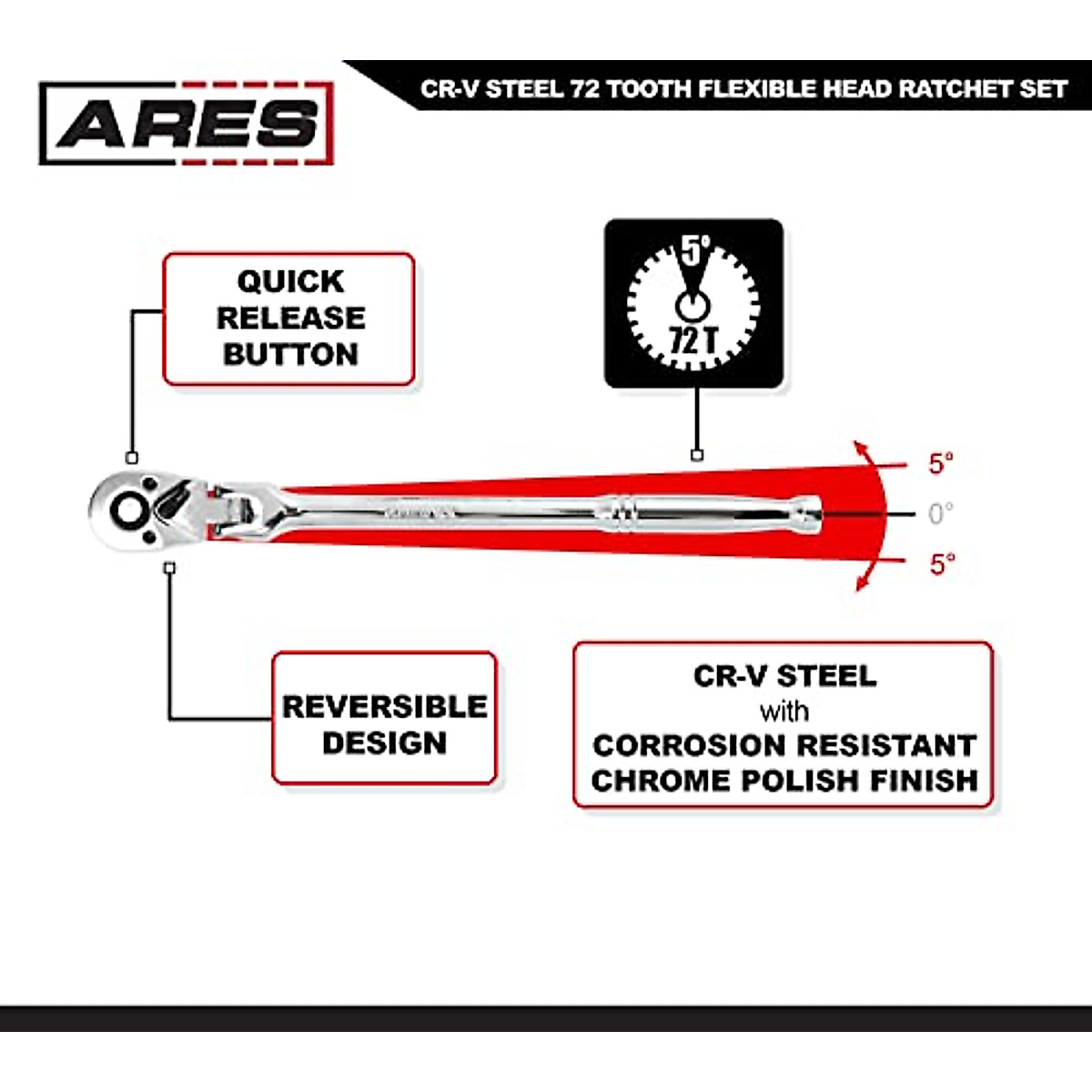 ARES 42028-3-Piece 72-Tooth Flex Head Ratchet Set - Premium Chrome Vanadium Steel Construction & Chrome Plated Finish - 72-Tooth Quick Release Reversible Design with 5 Degree Swing