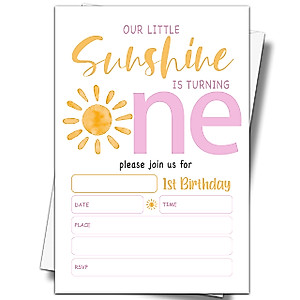 Sunshine 1st Birthday Party Invitations, 20 Invite Cards with Envelopes, 4" x 6" You're My Sunshine Birthday Invites - C10