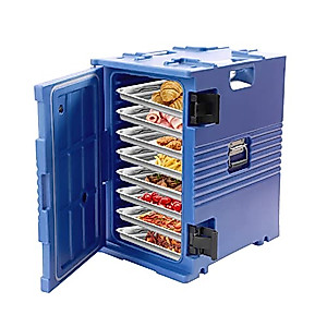 GDAE10 End-Loading Insulated Food Pan Carrier,82Qt/90L Hot Box for Catering, PE Food Box Carrier One-Piece Buckle, Front Loading Food Warmer w/Handles＆Wheels, for Restaurant, Canteen, Blue