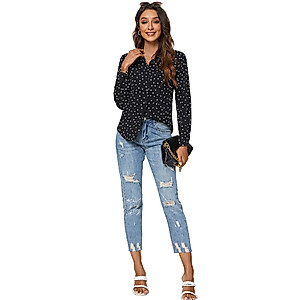 Atnlewhi Women Basic Long Sleeve Button Down Shirts Simple Pullover, Polka Dot/Black, L