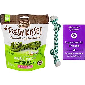Merrick Fresh Kisses Oral Care Chews Dental Dog Treats with Coconut - Small Snacks for Pups 15-25 Lbs (9 Count) - Plus Rope Toy and Fun Animal Facts Booklet Bundle