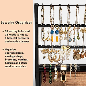 DGWJSU Earring Organizer, 5 Layer Earring Holder Organizer with Necklace Holder, Rustic Wood Jewelry Organizer Stand Display for Stud Earring Bracelet Necklace Ring, Watches