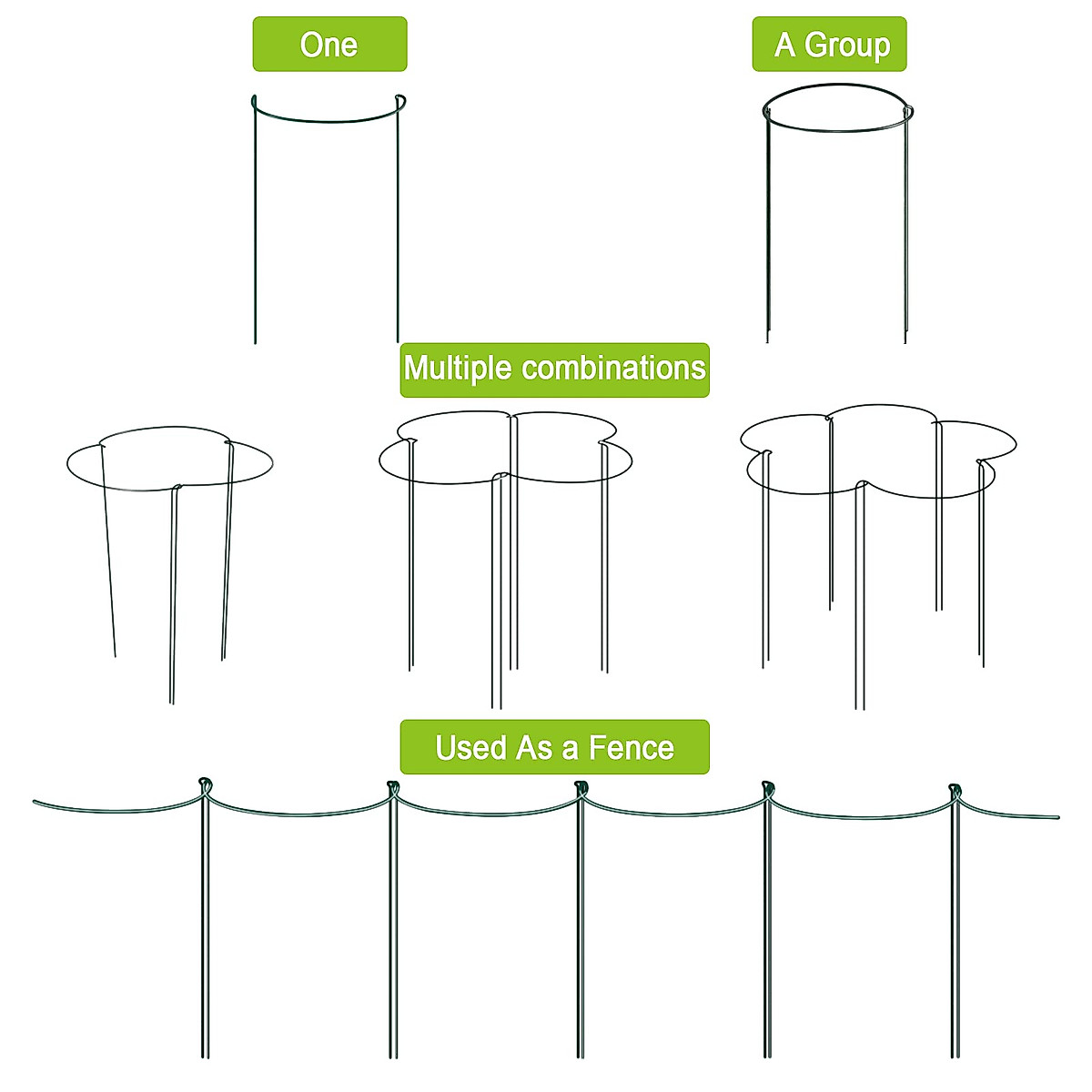 HiGift 8 Pack Plant Support Stakes, 10" Wide x 24" High Half Round Metal Garden Plant Stake Peony Plant Support Cage, Green Plant Support Ring Border for Tomato,Hydrangea,Flower Indoor Outdoor