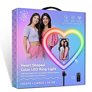 Dixie & Charli 13" Heart Shaped Color LED Ring Light Cell Phone Holder with 63" Tripod Stand and Wireless Remote