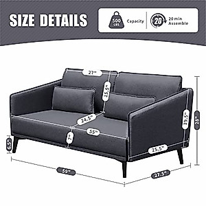 Loveseat Sofa Couch, 59" W Small Linen Sofa, 2 Seater Couch with 2 Pillows for Living Room, Bedroom, Office, Small Space (Dark Gray)