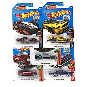 Hot Wheels Muscle Car Madness 5 Pack Random Diecast Bundle Set with Various Corvettes, Mustangs, Camaros, Chargers, GTO"s, Firebirds, Shelby, and More