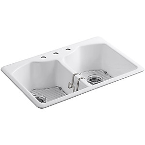 KOHLER K-6482-3A4-47 Bellegrove Double Bowl Top-Mount Kitchen Sink with Three Hole Drillings, Almond