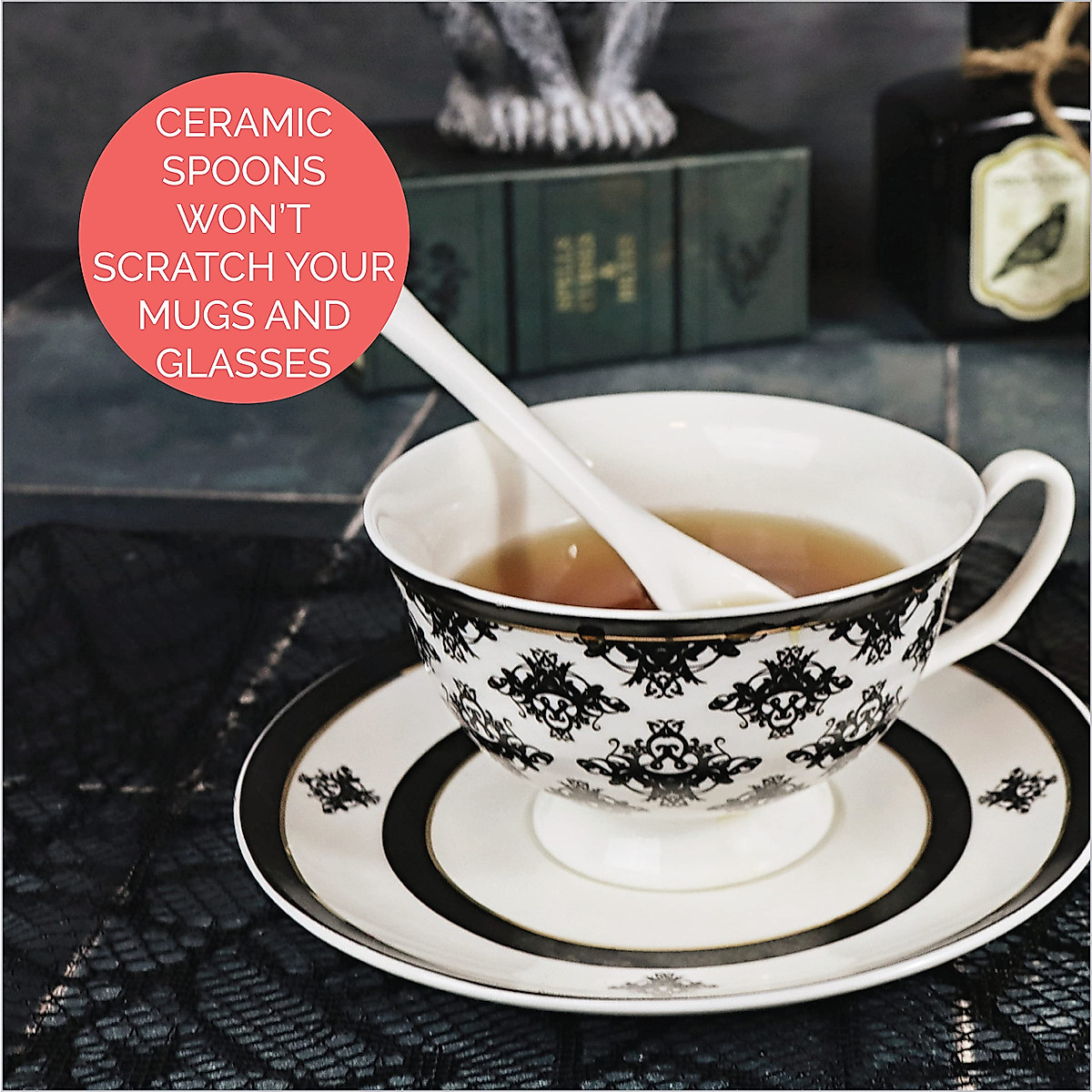 Ceramic Bone Spoons - Set of 6 - Spooky Valentines Day Gifts, Goth Valentines Day Decor - Skull Spoon, Witchy Gifts, Goth Gifts For Women, Spooky Gifts - Gothic Tea Set