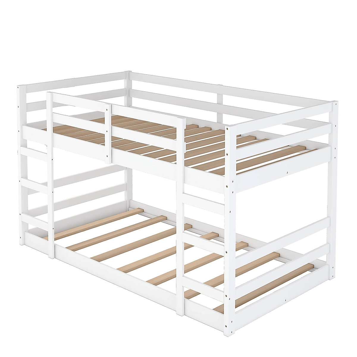 Twin Over Twin Low Bunk Bed, Solid Wood Floor Bunk Bed with Ladder, for Toddlers Kids Boys Girls (White)