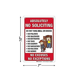 SmartSign 10 x 7 inch “Absolutely No Soliciting - Do Not Ring Bell Or Knock” Metal Sign with Graphic, 40 mil Aluminum, 3M Laminated Engineer Grade Reflective Material, Multicolor