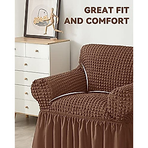 BLUESURGE Armchair Slipcover 1 Piece Couch Sofa Cover with Skirt, Durable Washable High Elastic Stretchable, Easy Fit Universal Furniture Protector (1 Seater, Brown)