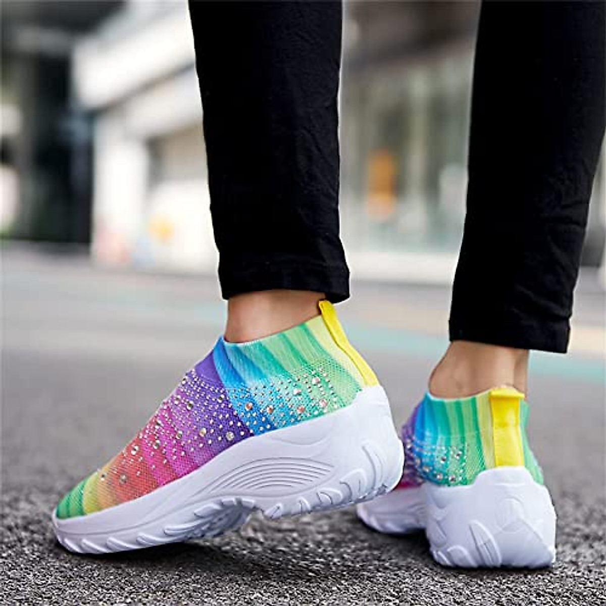Women's Crystal Breathable Orthopedic Slip On Walking Shoes, Rhinestone Glitter,Ultra-Light Breathable. (9US, Rainbow)