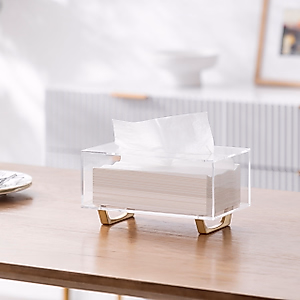 HBlife Clear Tissue Box Cover Rectangle Acrylic Tissue Box Holder with Gold Plated Legs Napkin Dispenser Dryer Sheet Container for Bathroom