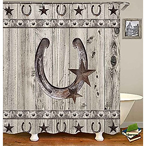 Camille&Andrew 4PCS Western Shower Curtain Set, Horseshoe Texas Star Barn Star Wooden Barn Door Country Rustic Farmhouse Bathroom Decor, Waterproof Fabric Shower Curtain, Non-Slip Bath Mat Toilet Rug