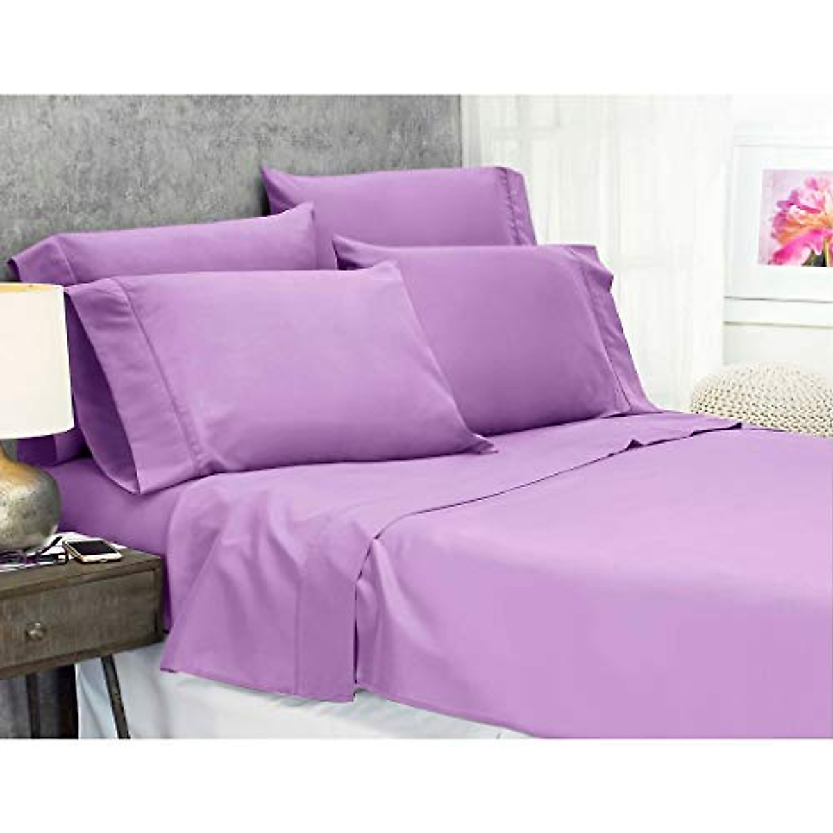 White House Linen 6 Piece Set - Hotel Luxury - Extra Soft - Easy Fit 600 TC (10-12 inch deep) Egyptian Cotton Lavender Solid,California/King-Cal King - 72" x 84"