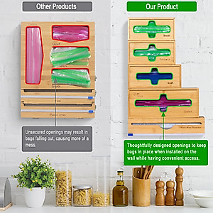 Bamboo Food Bag Storage Organizer for Kitchen Drawer, Plastic Bag Organizer with Individual Boxes and Plastic Wrap Cutter - for Sandwich, Slider, Quart, Slider Quart, Gallon, Plastic Wrap, Foil