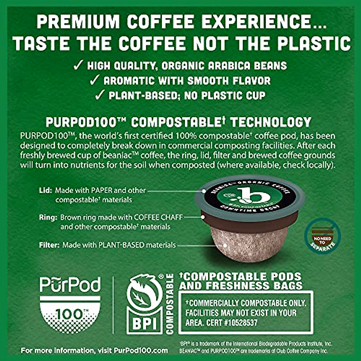 beaniac Organic Downtime Decaf Swiss Water Decaffeinated, Medium Roast, Single Serve Compostable K Cup Coffee Pods, Organic Arabica Coffee, Keurig Brewer Compatible, 30 Count