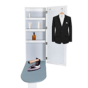 HuaShuani Wall Mounted Ironing Board with Storage Cabinet, Built in Ironing Board & Folding Support Leg/Swivel Ironing Board, Wall-Mounted Mirrors for Home, Apartment & Small Spaces, White