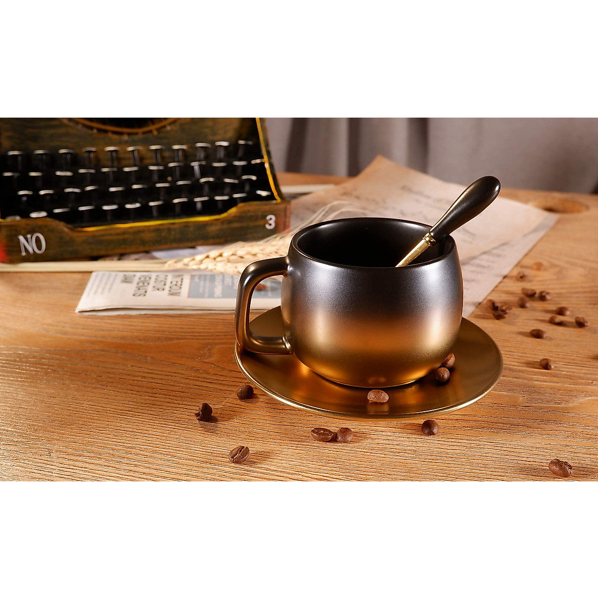 lavekywasa European Style Tea Coffee Cup Set Black Gold Gradual Vintage Ceramic Cup Coffee Mug With Spoon&Saucer Set Used for Latte, Americano, Cappuccino, Tea, Beer (4 pack)