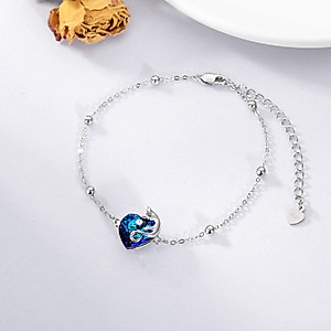 AOBOCO Cat Bracelet for Women Sterling Silver Cute Cat Jewelry with Blue Sapphire Heart Crystal from Austria, Cat Jewelry Gifts for Women Cat Lovers
