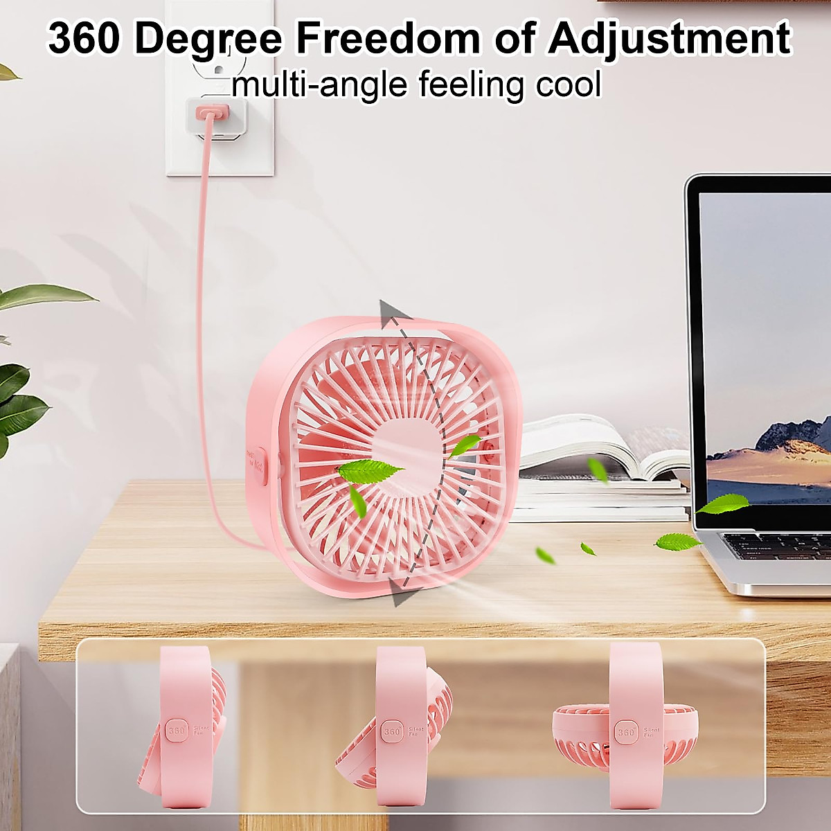 BSVI Desk Fan Portable Personal Desktop Mini Cooling Micro with Cable USB Powered 3 Speeds Quiet Small Table Fan for Home Office Study reading Bedroom Indoor Car Outdoor Travel