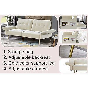 Majnesvon Modern Sofa Bed with Convertible Backrest, Convertible Armrests and Storage Pocket for Living Room, Bedroom, Office, Velvet Material (Beige)