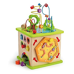 Country Critters Wooden Activity Play Cube by Hape | Wooden Learning Puzzle Toy for Toddlers, 5-Sided Activity Center with Animal Friends, Shapes, Mazes, Wooden Balls, Shape Sorter Blocks and More, 13.78 x 13.78 x 19.69 inches